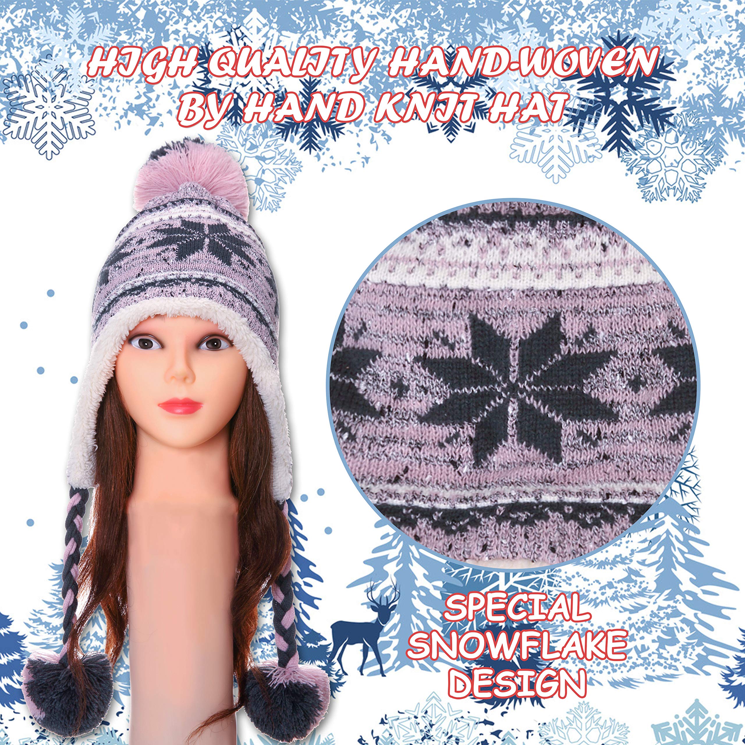 Dosoni Winter Hats for Women Knit Beanie Soft Warm Fleece Lined Long Ear Straps Snow Ski Cap with Pompom Pink