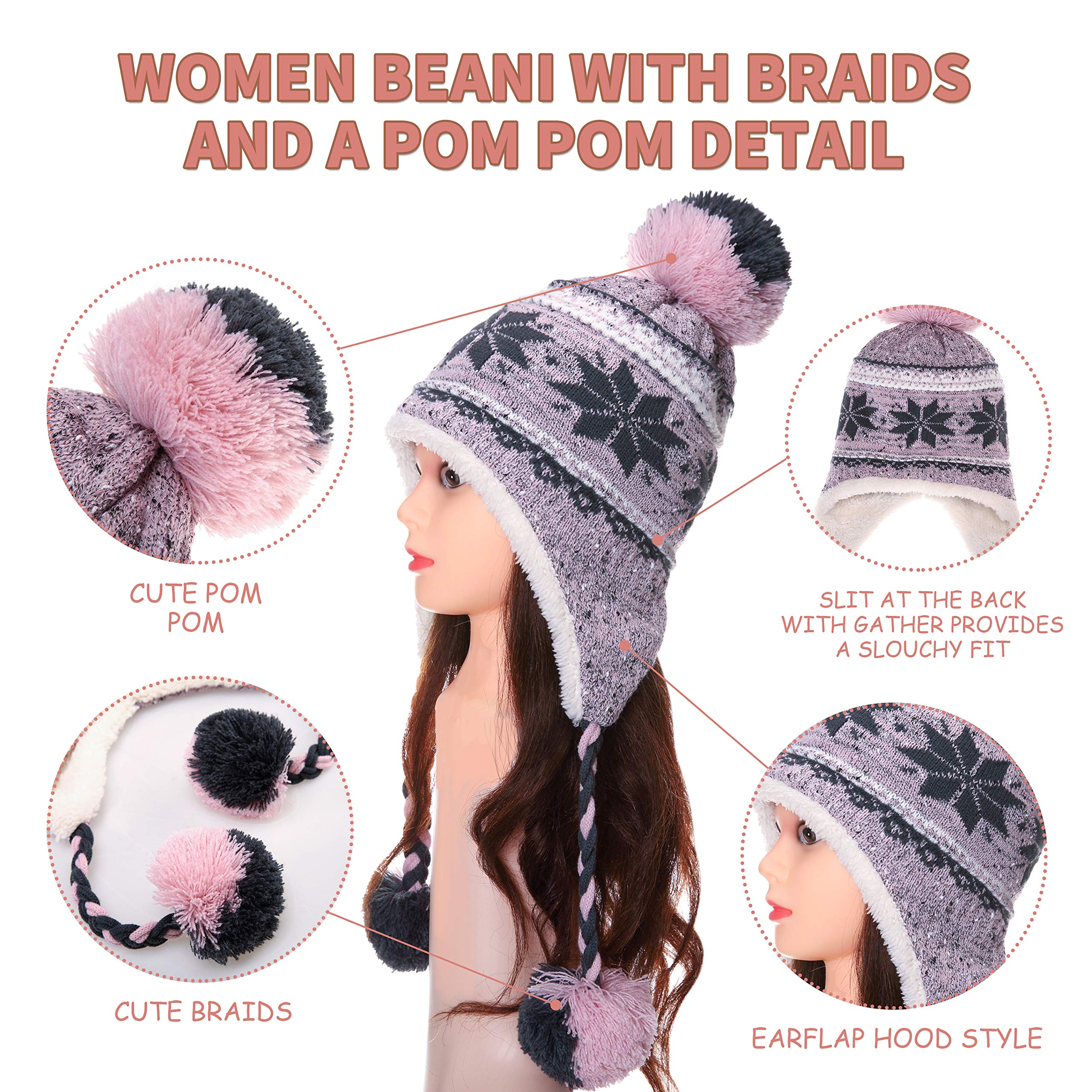 Dosoni Winter Hats for Women Knit Beanie Soft Warm Fleece Lined Long Ear Straps Snow Ski Cap with Pompom Pink