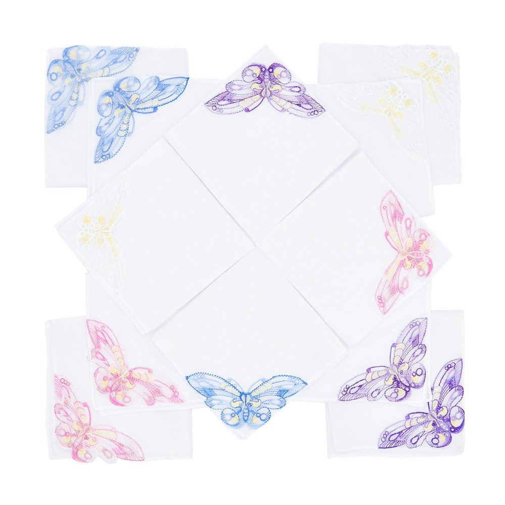 Selected Hanky Women's Cotton Handkerchiefs with Butterfly Lace at Corner, Ladies Hankies 12 Pcs