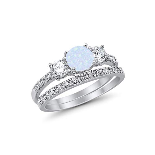 Blue Apple Co. 3-Stone Wedding Bridal Set Ring Band Round Created White Opal Cubic Zirconia 925 Sterling Silver, Size - 7