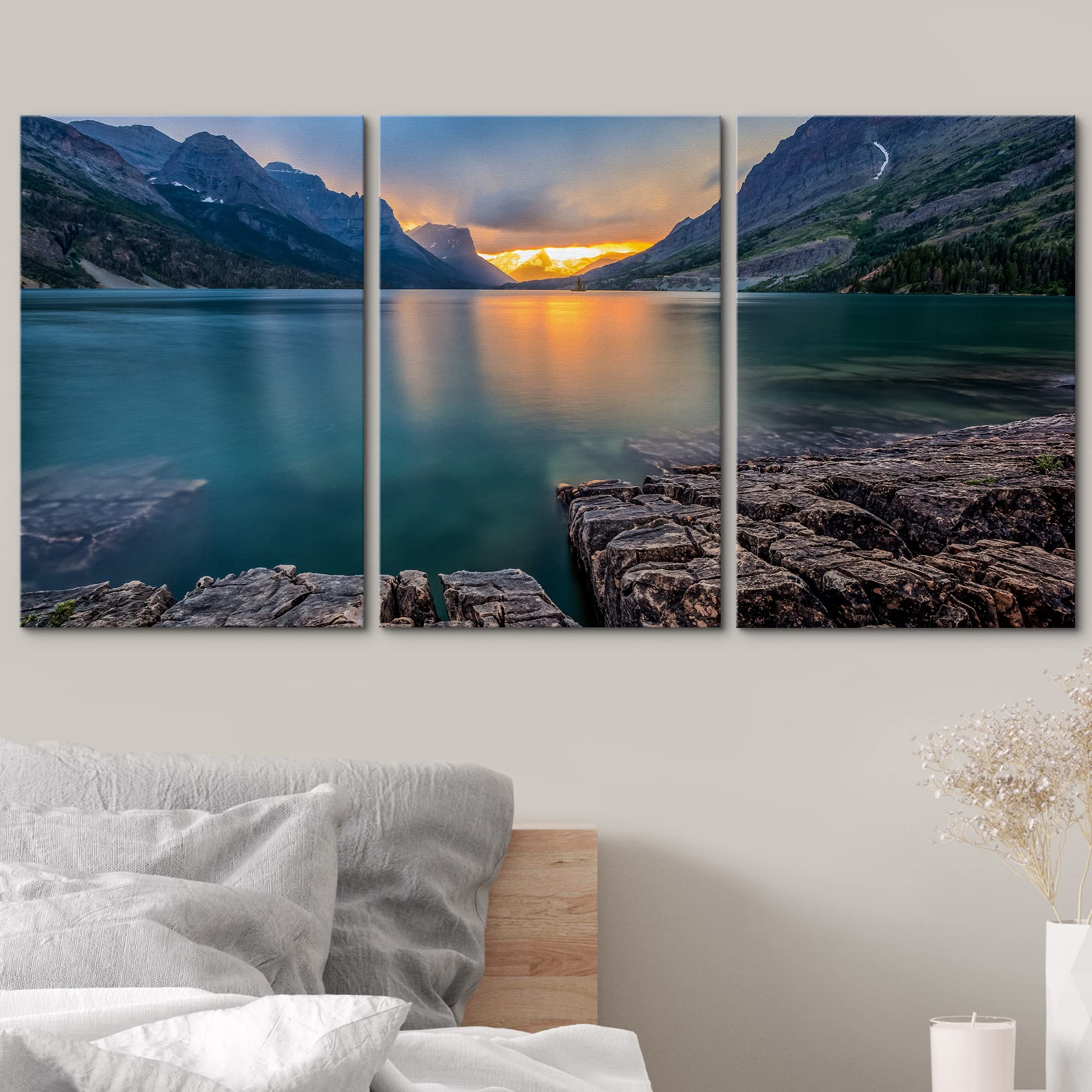 wall26-3 Piece Canvas Wall Art - Sunset at St Mary Lake, Glacier National Park, Mt - Modern Home Art Stretched and Framed Ready to Hang - 24"x36"x3 Panels