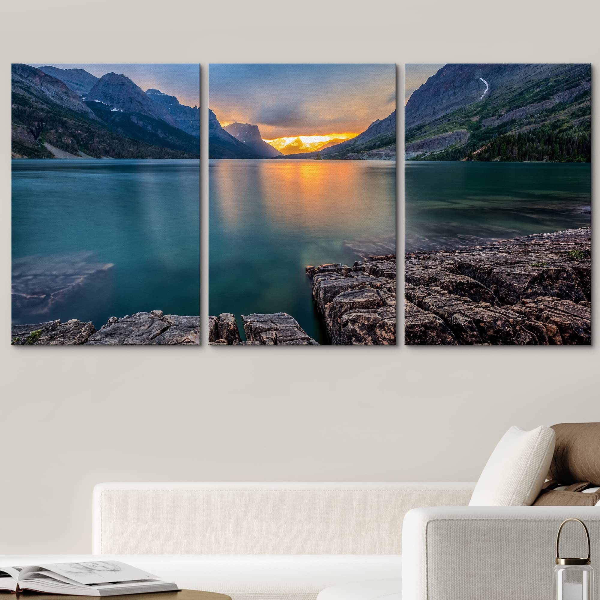 wall26-3 Piece Canvas Wall Art - Sunset at St Mary Lake, Glacier National Park, Mt - Modern Home Art Stretched and Framed Ready to Hang - 24"x36"x3 Panels