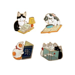 novelty enamel lapel pin sets cartoon animal plant fruit brooches for clothing bags backpacks jackets hat jewelry diy gift accessories(cats reading books)