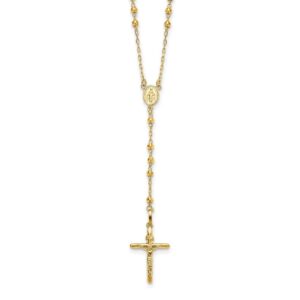 diamond2deal 14k yellow gold diamond-cut 3mm beaded semi-solid rosary necklace fine jewelry gift for women