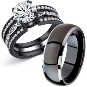 mabella couple rings black men’s titanium matching band women cz stainless steel engagement wedding sets size women 5 men 9