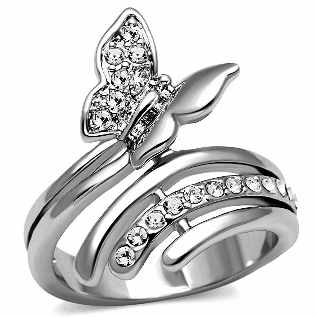 Lanyjewelry Clear CZ set in Butterfly Stainless Steel Non Tarnish Wide Band Ring - SIZE 5