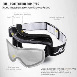 JULI Ski Goggle/Snow Snowboard Goggles for Men, Women & Youth - 100% UV Protection Anti-Fog Dual Lens(Black Frame+12% VLT Silver Len)