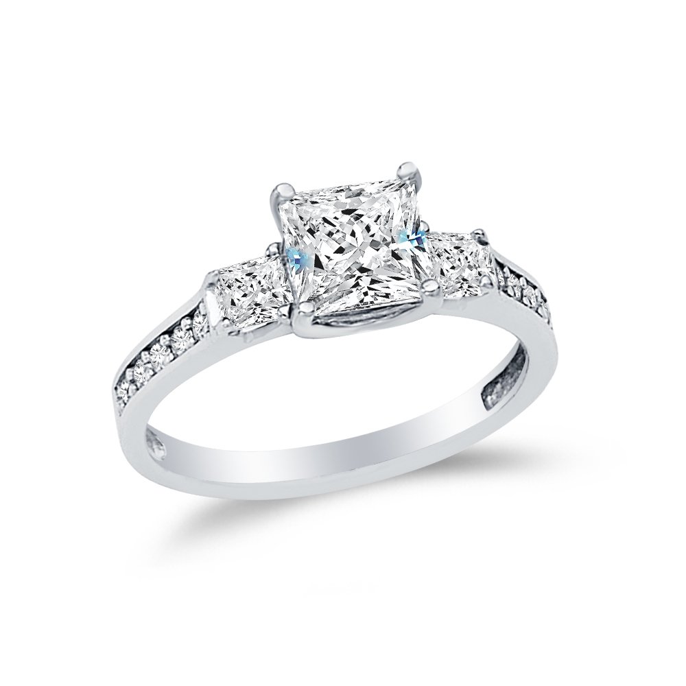 Size - 6 - Solid 14k White Gold Princess Cut Three 3 Stone Wedding Engagement Ring, CZ Cubic Zirconia (1.75 ct.)