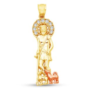 14k two 2 tone rose and yellow gold ornate st. lazaro pendant charm with cz cubic zirconia accents (31x10 mm)