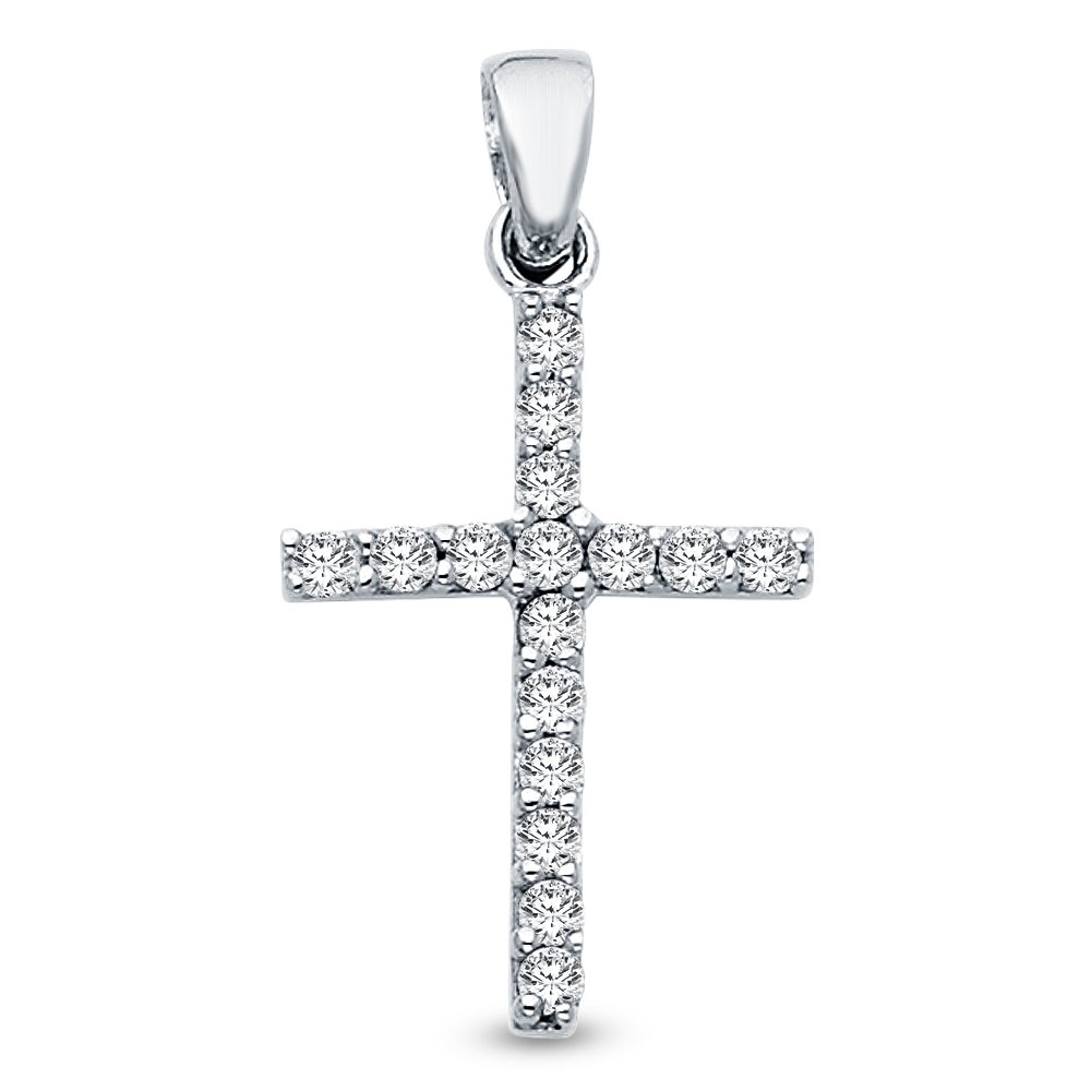 14K White Gold Religious Christian Slim Cross Crucifix Charm Pendant with CZ Cubic Zirconia Accents (20x12 mm)