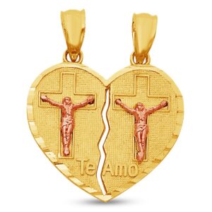 sonia jewels 14k two 2 tone rose and yellow gold diamond-cut religious broken heart te amo jesus charm pendant (17x19 mm)