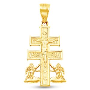 sonia jewels 14k yellow gold ornate religious catholic caravaca crucifix cross charm pendant with cherub angel accents (28x15 mm)