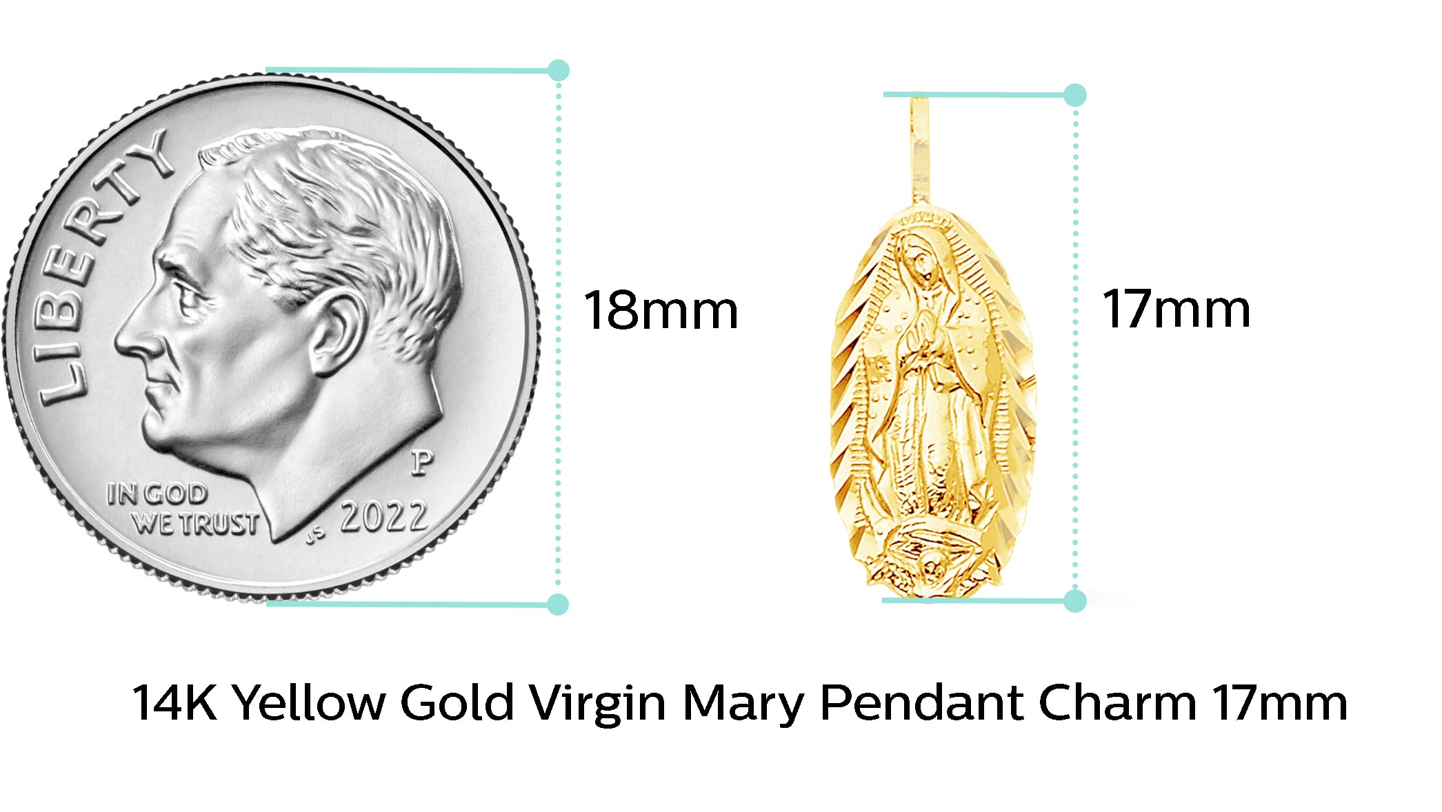 Small 14K Yellow Gold Diamond-Cut Religious Our Lady Of Guadalupe Virgin Mary Pendant Miracle Medal Charm (17x9 mm) (3/4" height) - Jewelry Gifts For Women Wife Mom Gifts For Men Husband Dad