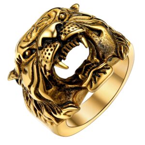 u7 men's punk animal signet ring 18k gold plated vintage enamel black retro tiger head ring -size 13