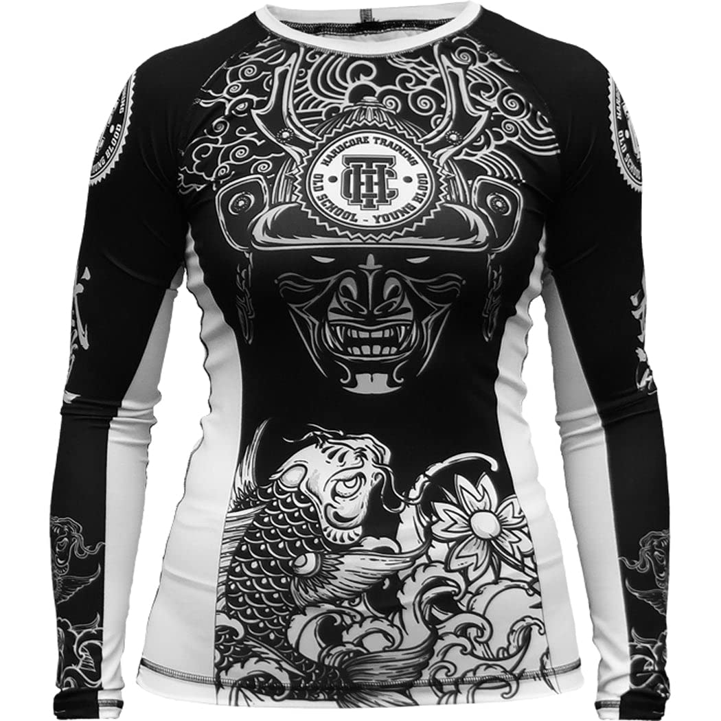 Hardcore Training Koi Women Rash Guard Long Sleeve Compression Base Layer Tight Fitness Yoga Running Gym Workout Black/White