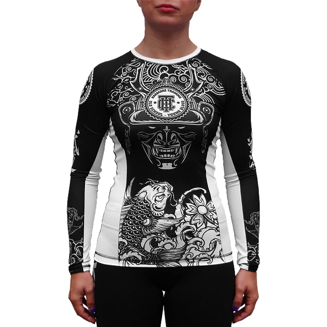 Hardcore Training Koi Women Rash Guard Long Sleeve Compression Base Layer Tight Fitness Yoga Running Gym Workout Black/White