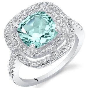 peora simulated paraiba tourmaline ring in sterling silver, 3 carats total cushion cut, double halo, comfort fit, size 7