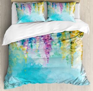 ambesonne flower duvet cover set, abstract ivy romantic and landscape spring floral art nature theme, decorative 3 piece bedding set with 2 pillow shams, king size, turquoise purple