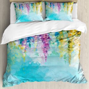 Ambesonne Flower Duvet Cover Set, Abstract Ivy Romantic and Landscape Spring Floral Art Nature Theme, Decorative 3 Piece Bedding Set with 2 Pillow Shams, King Size, Turquoise Purple