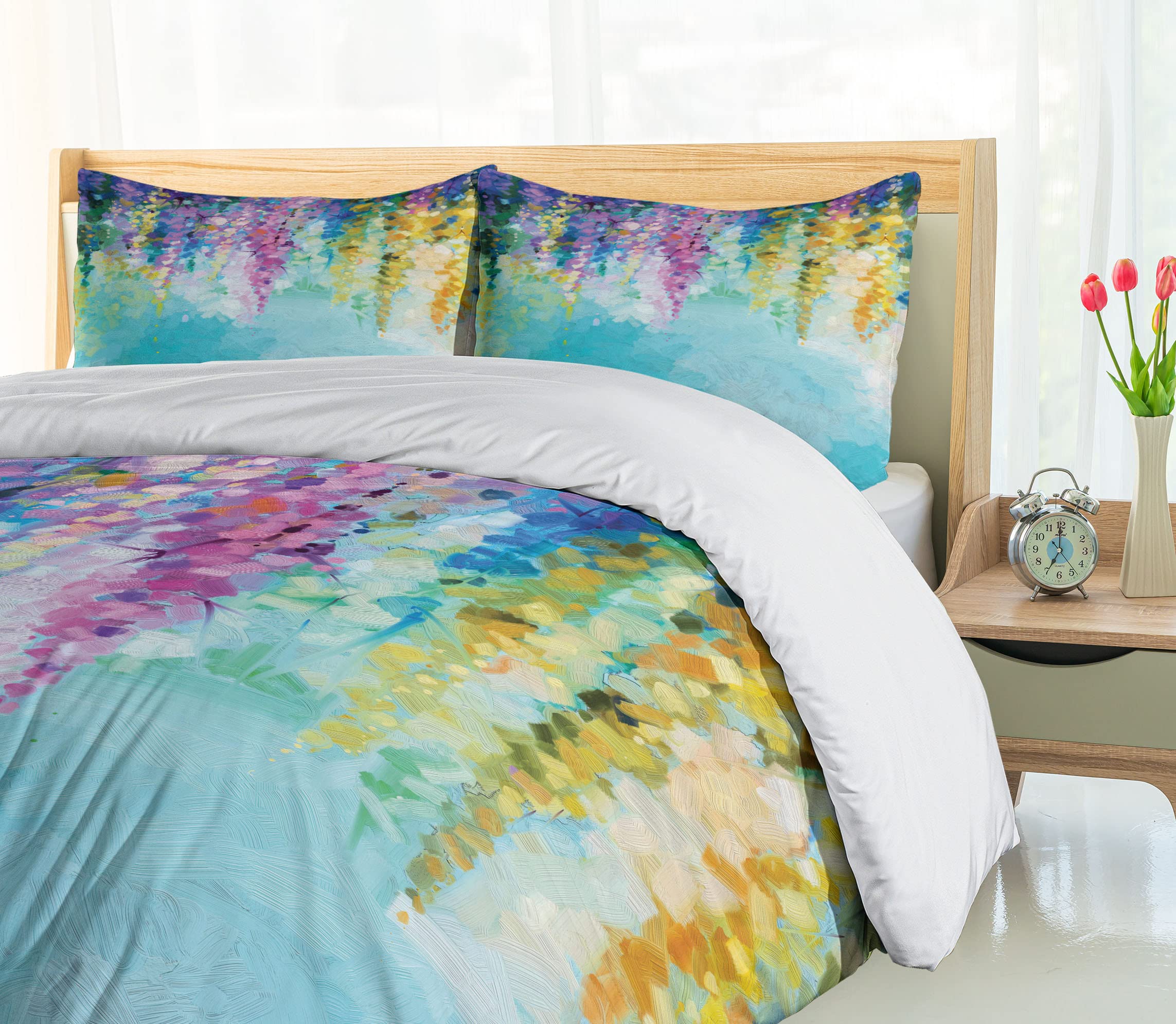 Ambesonne Flower Duvet Cover Set, Abstract Ivy Romantic and Landscape Spring Floral Art Nature Theme, Decorative 3 Piece Bedding Set with 2 Pillow Shams, King Size, Turquoise Purple