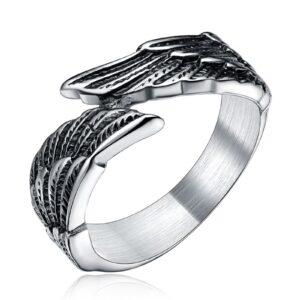 tigrade antique stainless steel ring feather angel wing cast black silver band size 5-14.5 (black,7.5)