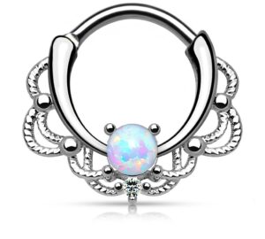 forbidden body jewelry 16g synthetic white opal surgical steel filigree lacey detail septum hoop clicker ring