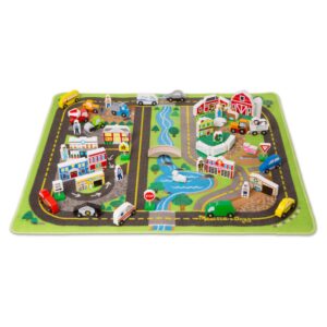 melissa & doug deluxe activity road rug play set with 49 wooden vehicles and play pieces