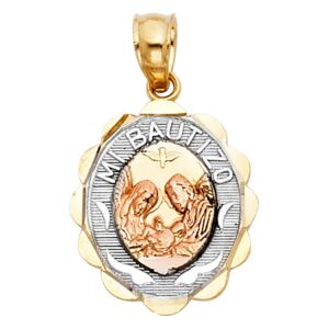 wellingsale 14k tri 3 color gold polished milgrain religious baptism "mi bautizo" charm pendant