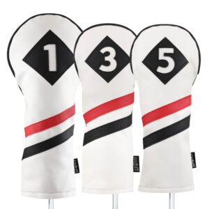 majek retro golf headcovers white red and black vintage leather style 1 3 5 driver and fairway head covers fits 460cc drivers classic look