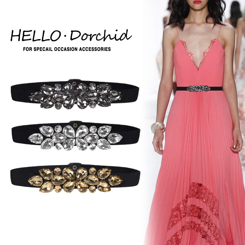 Dorchid Crystal Women Belts Thin Skiny Stretch Cummerbunds Rhinestone Cinch Elastic Slim Belts for Dresses Black S