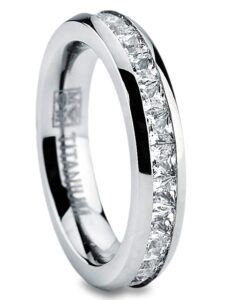 metal masters 3mm high polish princess cut ladies eternity titanium ring wedding band with cubic zirconia cz size 10