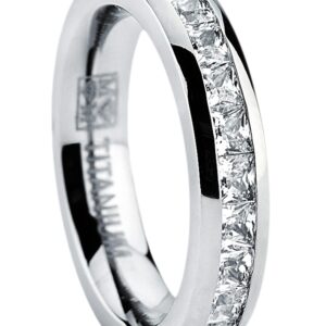 Metal Masters 3MM High Polish Princess Cut Ladies Eternity Titanium Ring Wedding Band with Cubic Zirconia CZ Size 10