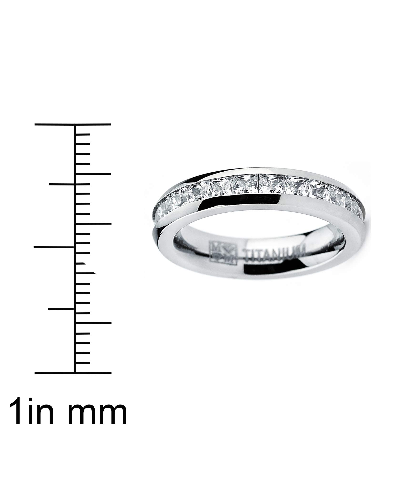 Metal Masters 3MM High Polish Princess Cut Ladies Eternity Titanium Ring Wedding Band with Cubic Zirconia CZ Size 10