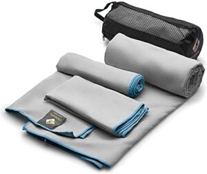 olimpiafit quick dry towel - 3 size pack of lightweight microfiber travel towels w/bag - fast drying towel set for camping, beach, gym, backpacking, sports, yoga & swim use﻿ (grey)