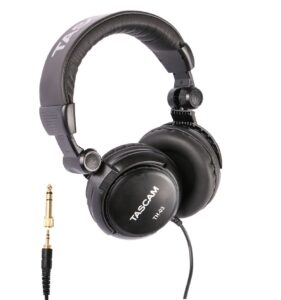 tascam th-03 studio headphones – closed back, padded, adjustable pro audio headset with gold tip 1/8 inch to 1/4 inch adaptor