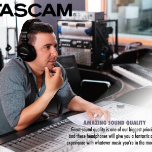 Tascam TH-03 Studio Headphones – Closed Back, Padded, Adjustable Pro Audio Headset with Gold Tip 1/8 inch to 1/4 inch Adaptor