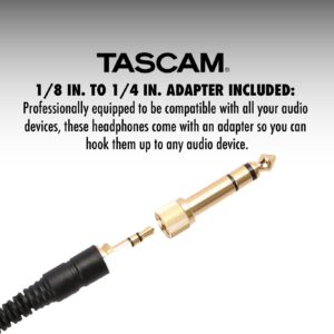 Tascam TH-03 Studio Headphones – Closed Back, Padded, Adjustable Pro Audio Headset with Gold Tip 1/8 inch to 1/4 inch Adaptor