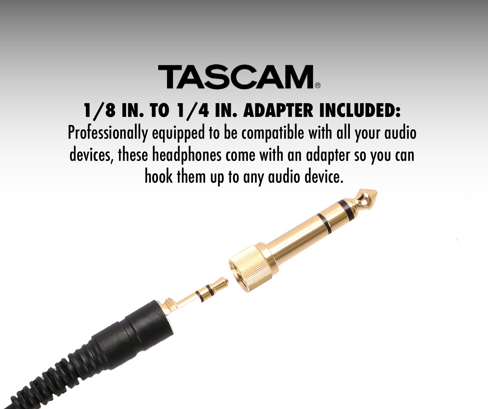 Tascam TH-03 Studio Headphones – Closed Back, Padded, Adjustable Pro Audio Headset with Gold Tip 1/8 inch to 1/4 inch Adaptor