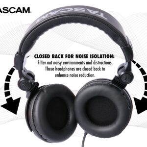 Tascam TH-03 Studio Headphones – Closed Back, Padded, Adjustable Pro Audio Headset with Gold Tip 1/8 inch to 1/4 inch Adaptor