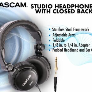 Tascam TH-03 Studio Headphones – Closed Back, Padded, Adjustable Pro Audio Headset with Gold Tip 1/8 inch to 1/4 inch Adaptor