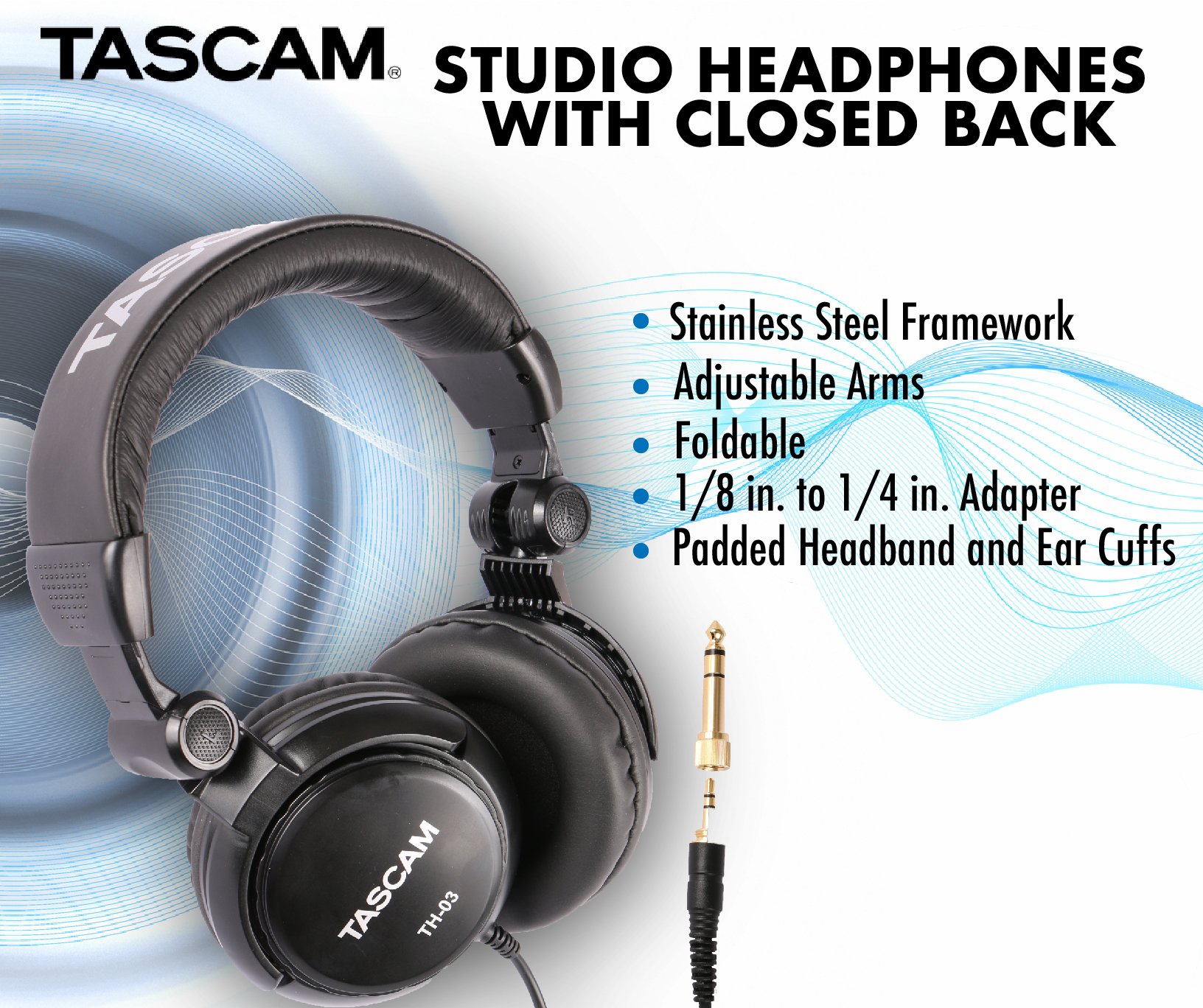 Tascam TH-03 Studio Headphones – Closed Back, Padded, Adjustable Pro Audio Headset with Gold Tip 1/8 inch to 1/4 inch Adaptor