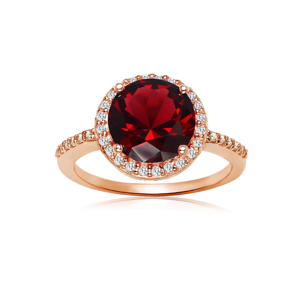 Ice Gems Rose Gold Flashed Silver Simulated Garnet and Cubic Zirconia Round Halo Ring, Size 6