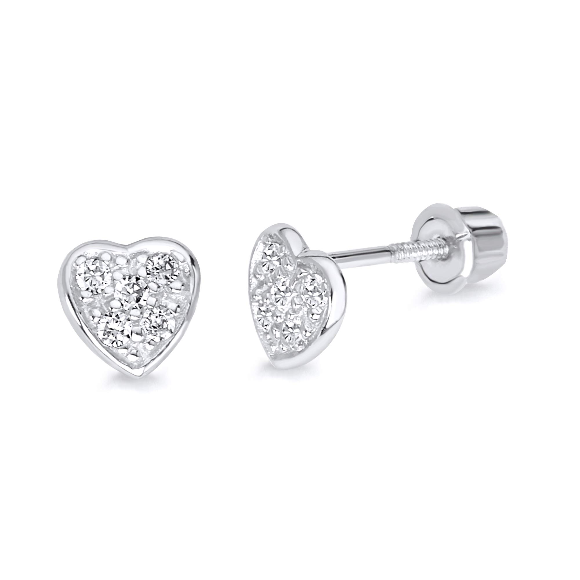 Wellingsale 14K White Gold Polished Heart Stud Earrings With Screw Back