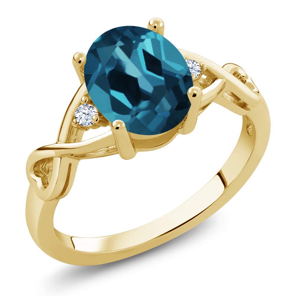 Gem Stone King 18K Yellow Gold Plated Silver London Blue Topaz and White Topaz Women Ring (1.85 Cttw, Oval 9X7MM, Gemstone Birthstone, Available In Size 5,6,7,8,9)