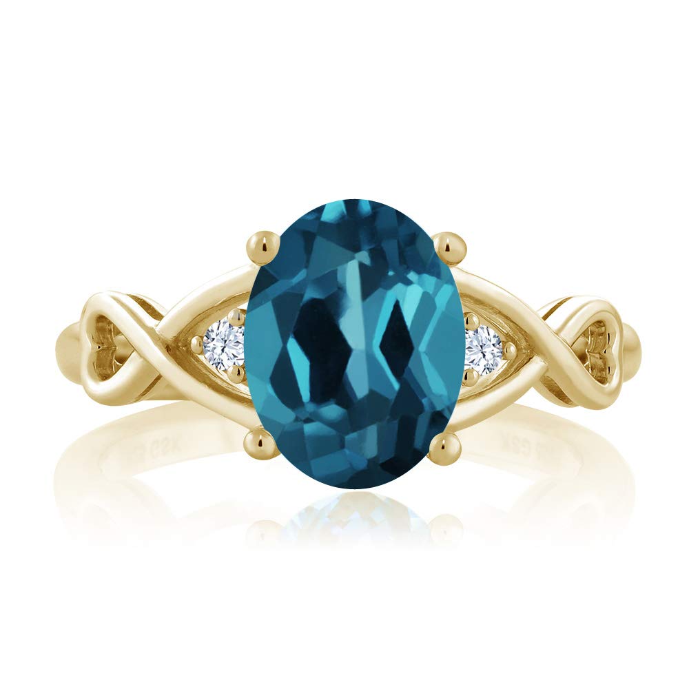 Gem Stone King 18K Yellow Gold Plated Silver London Blue Topaz and White Topaz Women Ring (1.85 Cttw, Oval 9X7MM, Gemstone Birthstone, Available In Size 5,6,7,8,9)