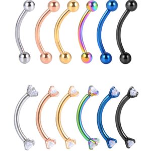 Mudder 12 Pieces 16 Gauge Stainless Steel Belly Lip Ring Eyebrow Studs Cartilage Tragus Cubic Zirconia Barbell Body Piercing, 2 Styles