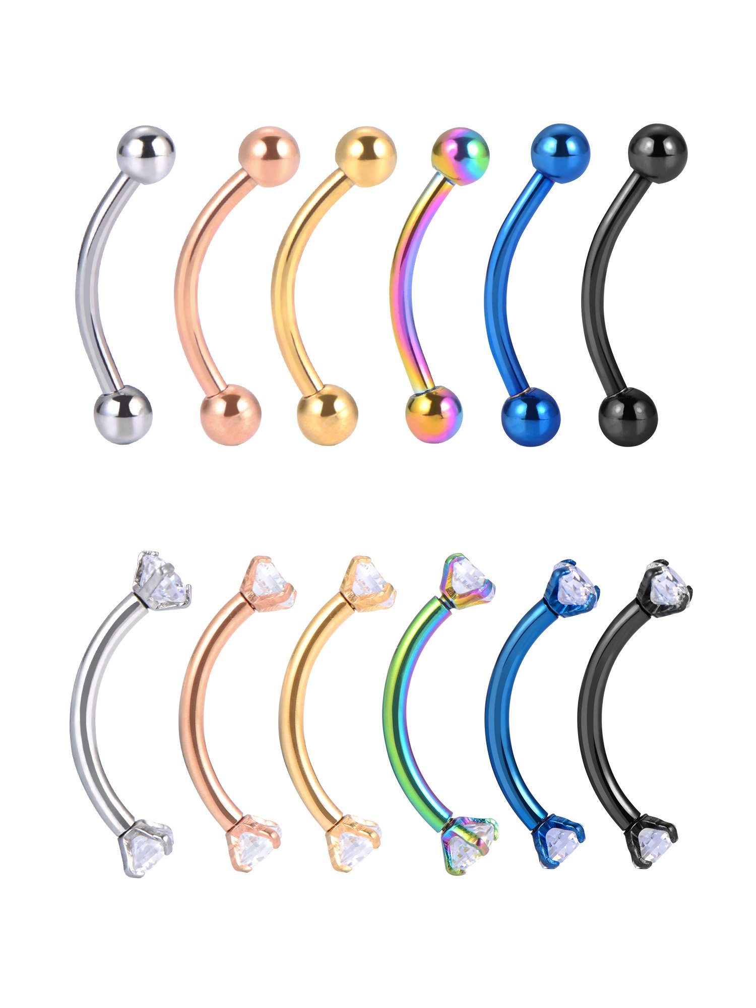 Mudder 12 Pieces 16 Gauge Stainless Steel Belly Lip Ring Eyebrow Studs Cartilage Tragus Cubic Zirconia Barbell Body Piercing, 2 Styles