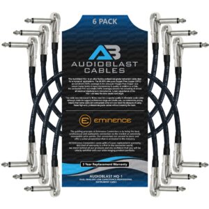 6 units - 6 inch - audioblast hq-1 - ultra flexible - dual shielded (100%) - instrument effects pedal patch cable w/ ¼ inch (6.35mm) low-profile, r/a pancake type ts connectors & dual staggered boots