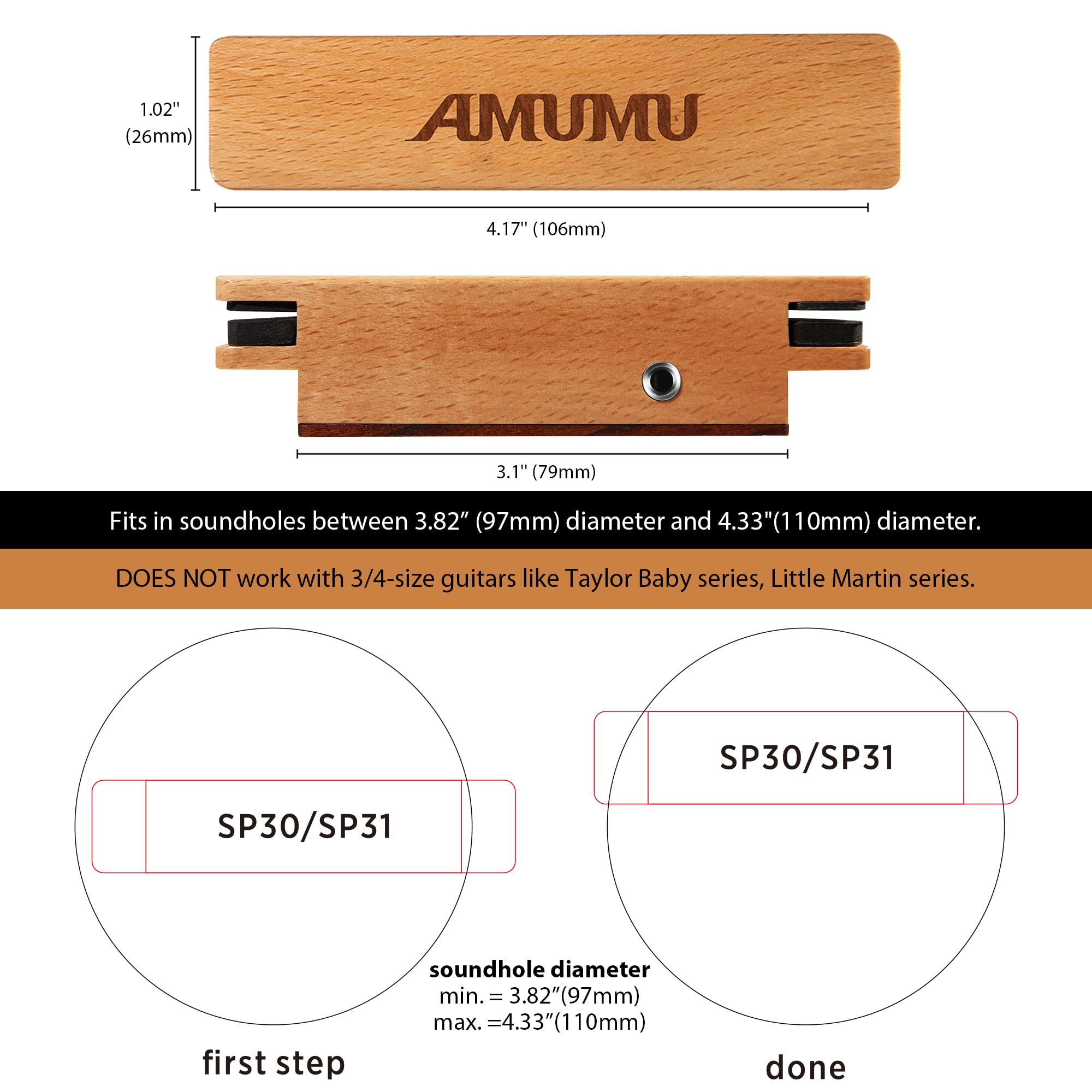 AMUMU SP30 Woody Magnetic Soundhole Pickup, For Steel String Acoustic Guitars Single Coil, Includes a free studio-grade Audio cable,Warm Acoustic Tone, Low Noise.