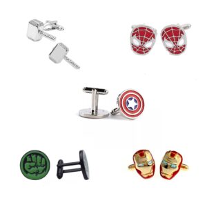 superhero cufflinks wedding/birthday set of 5: iron man spiderman captain america thor hulk marvel collection